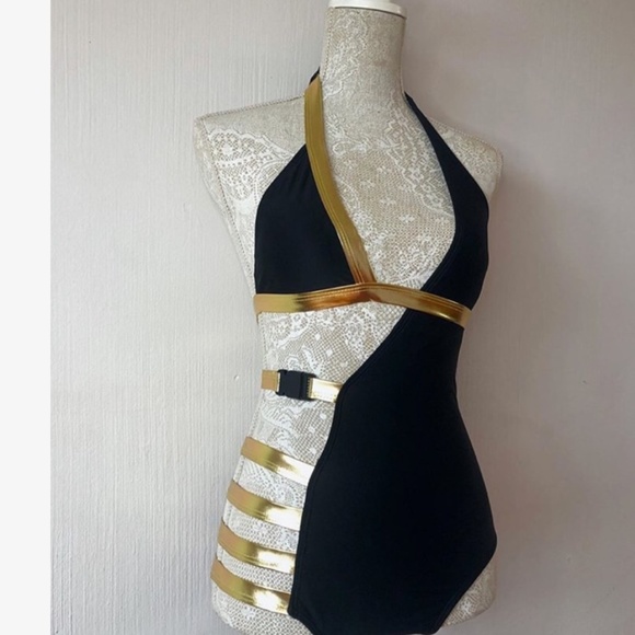yesitsavailable | Swim | Metallic Gold Straps Black Halter One Piece ...